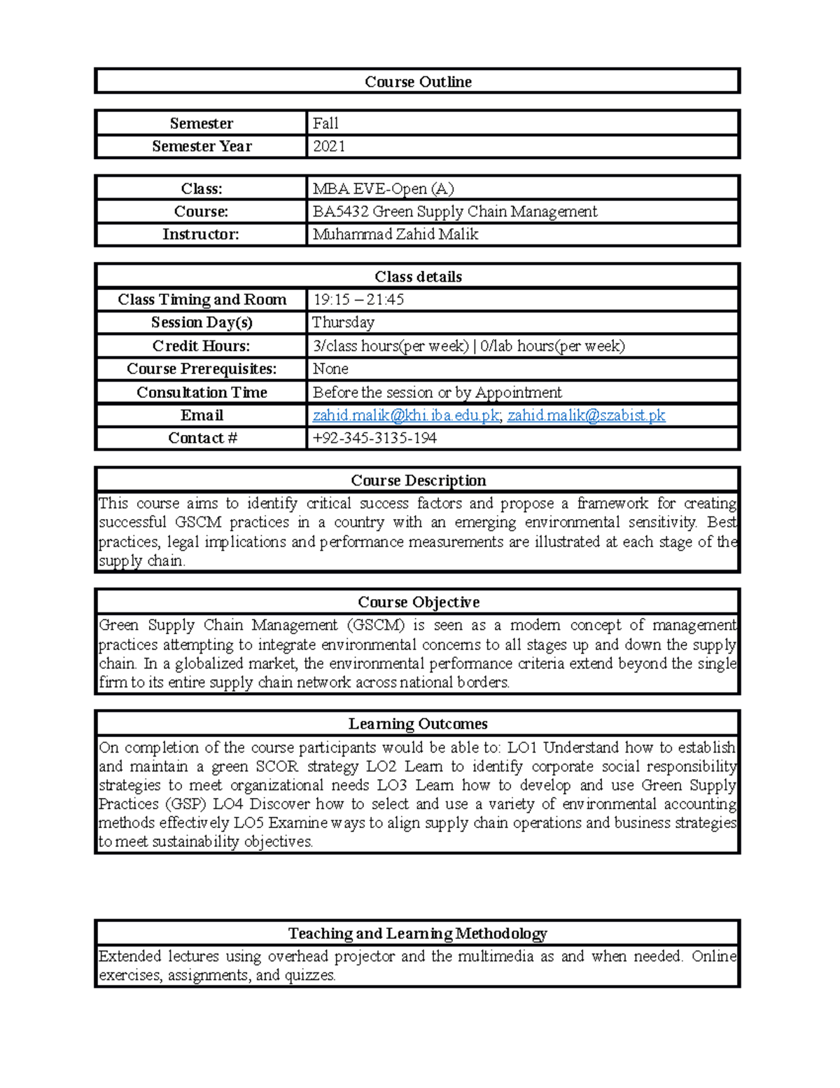 GSCM Course Outline - n/a - Course Outline Semester Semester Year Class ...