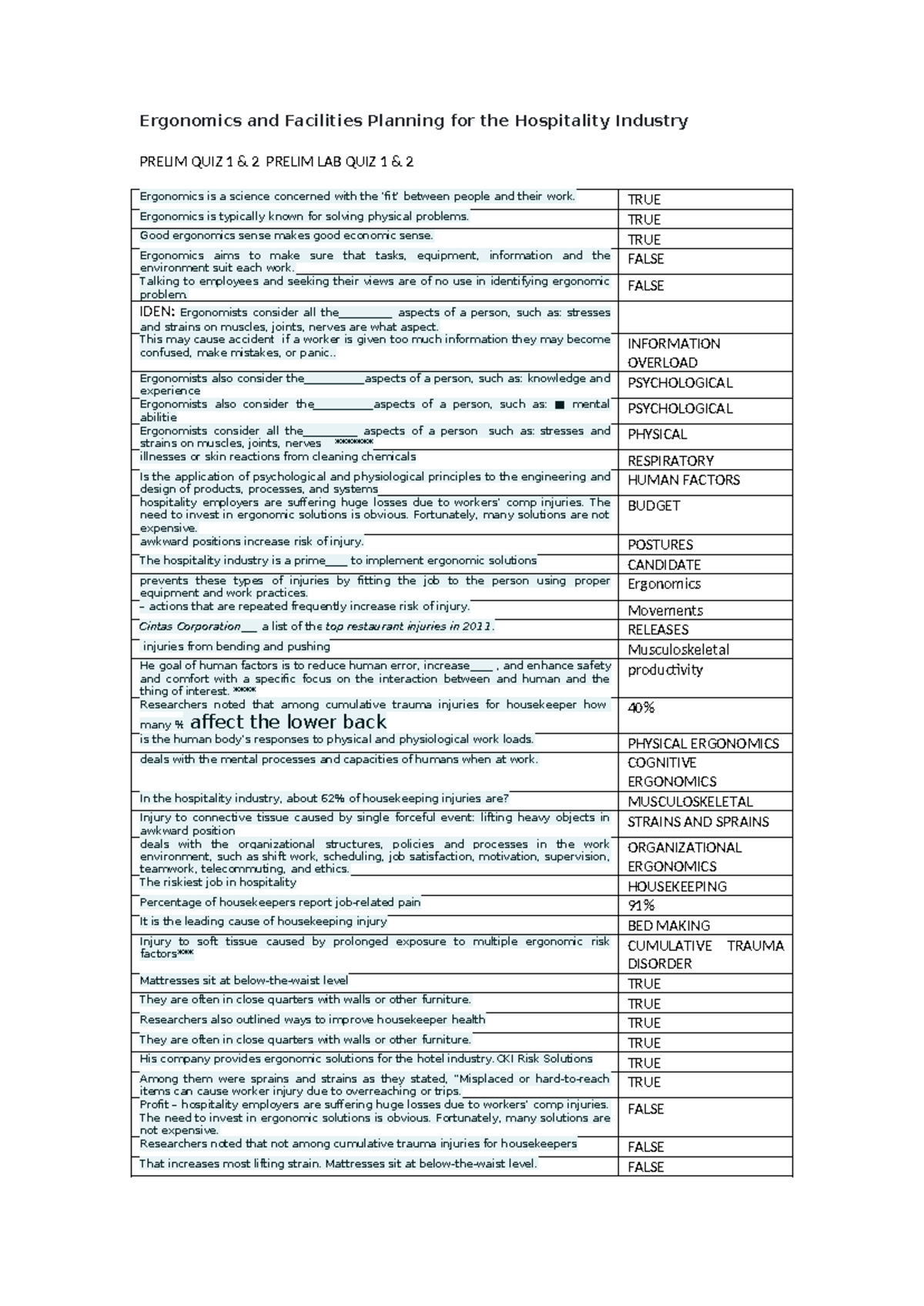Ergonomics and Facilities Planning for the Hospitality Industry Prelim ...