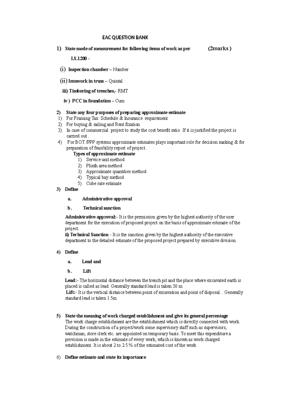EAC Question BANK - Civil engineering - EAC QUESTION BANK 1) State mode ...