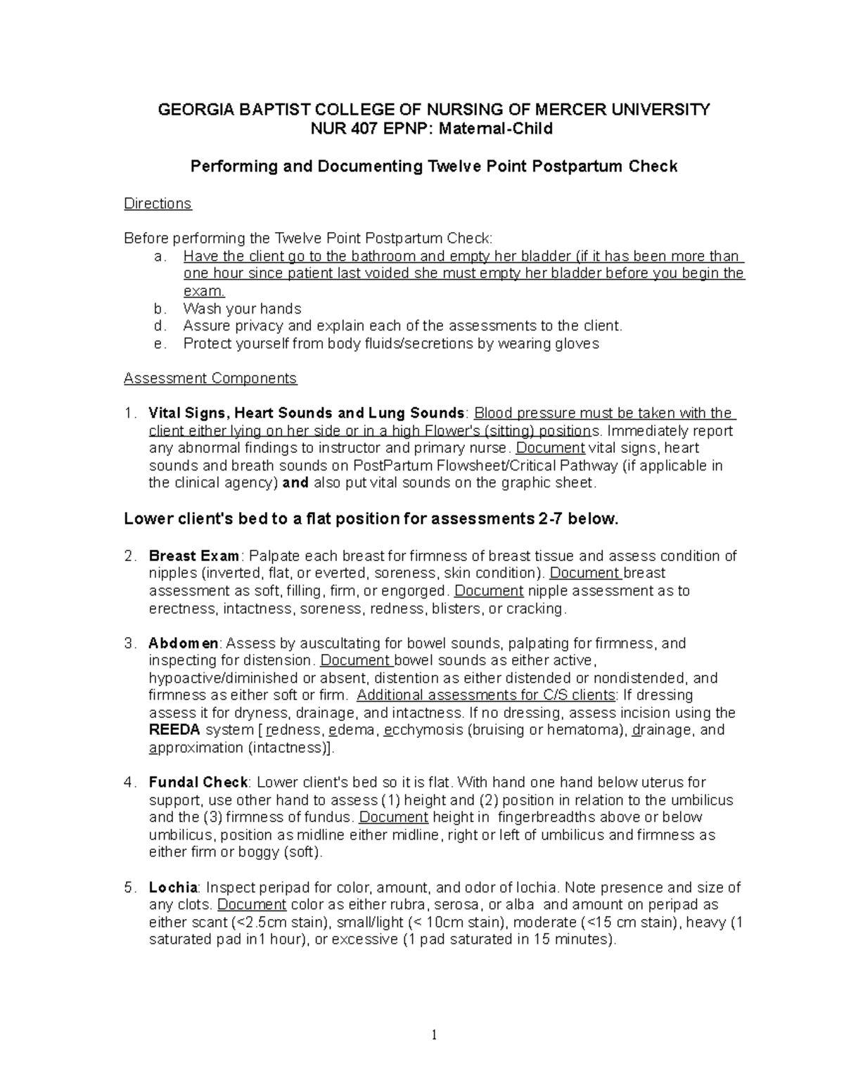 Twelve Point Postpartum Check-Documentation - GEORGIA BAPTIST COLLEGE ...