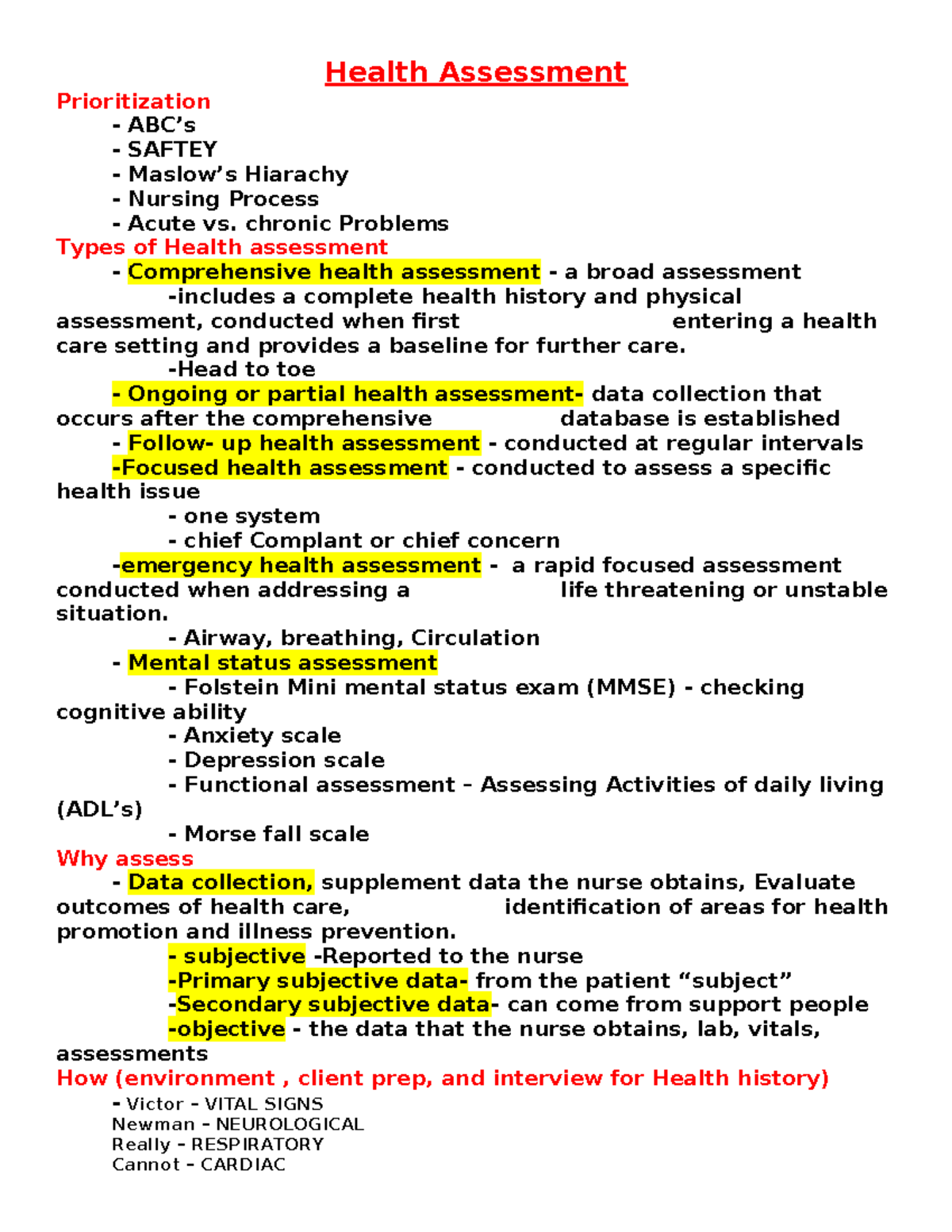 Health A - notes - Health Assessment Prioritization - ABC’s - SAFTEY ...