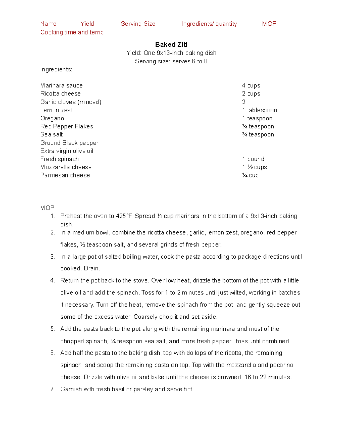 Standerdized recipe - Name Yield Serving Size Ingredients/ quantity MOP ...