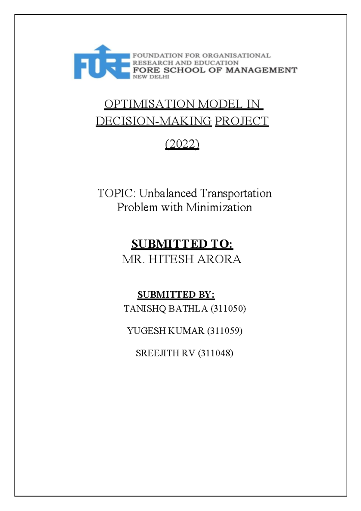 Final OMDM Project - Optimisation for Decision Making - OPTIMISATION ...