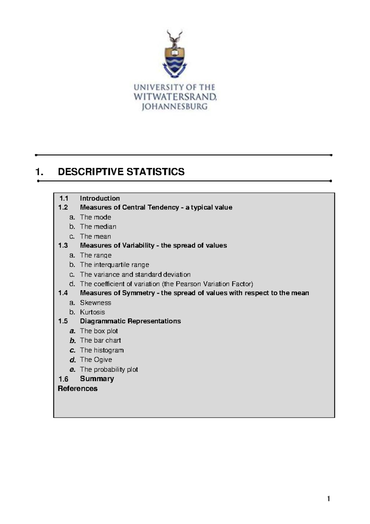 Descriptive Statistics notes - 1. DESCRIPTIVE STATISTICS 1 Introduction ...
