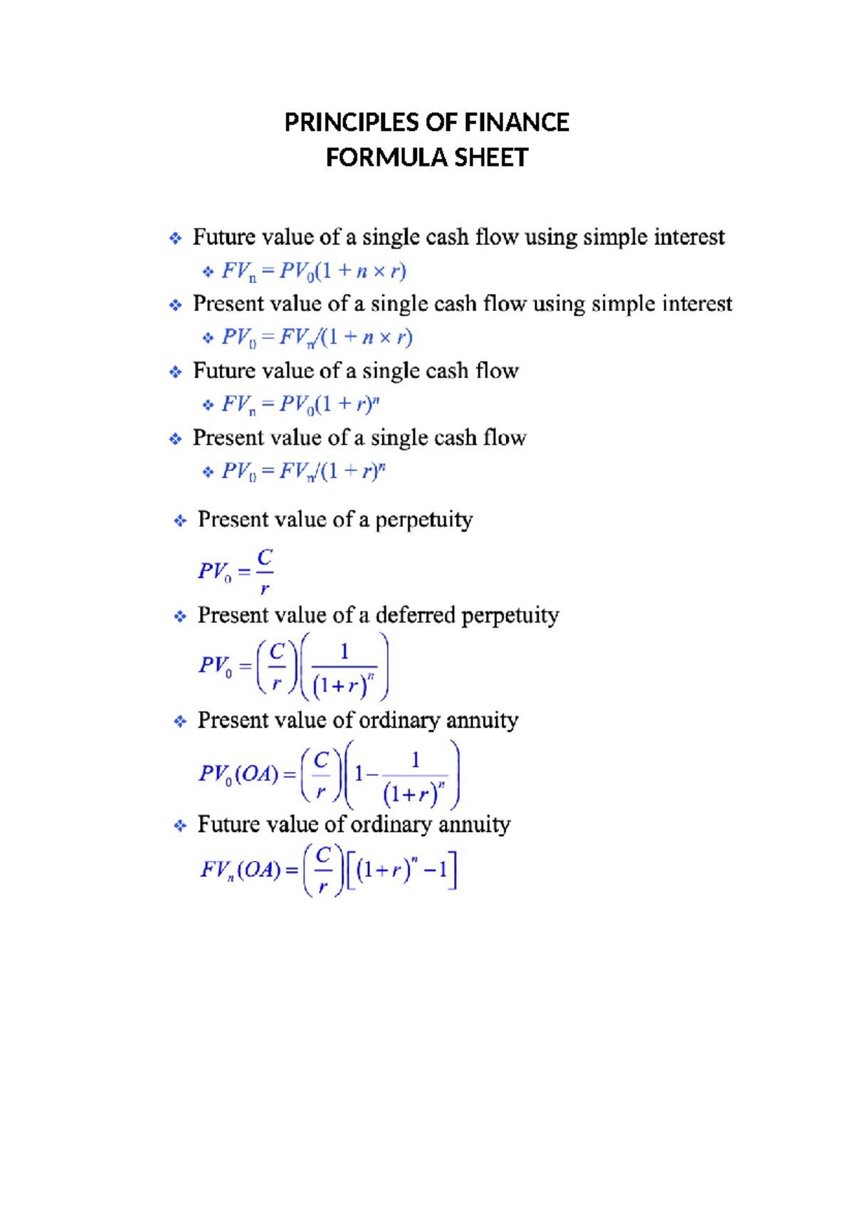 Pof formula sheet - PRINCIPLES OF FINANCE FORMULA SHEET Future value of a single cash flow using ...