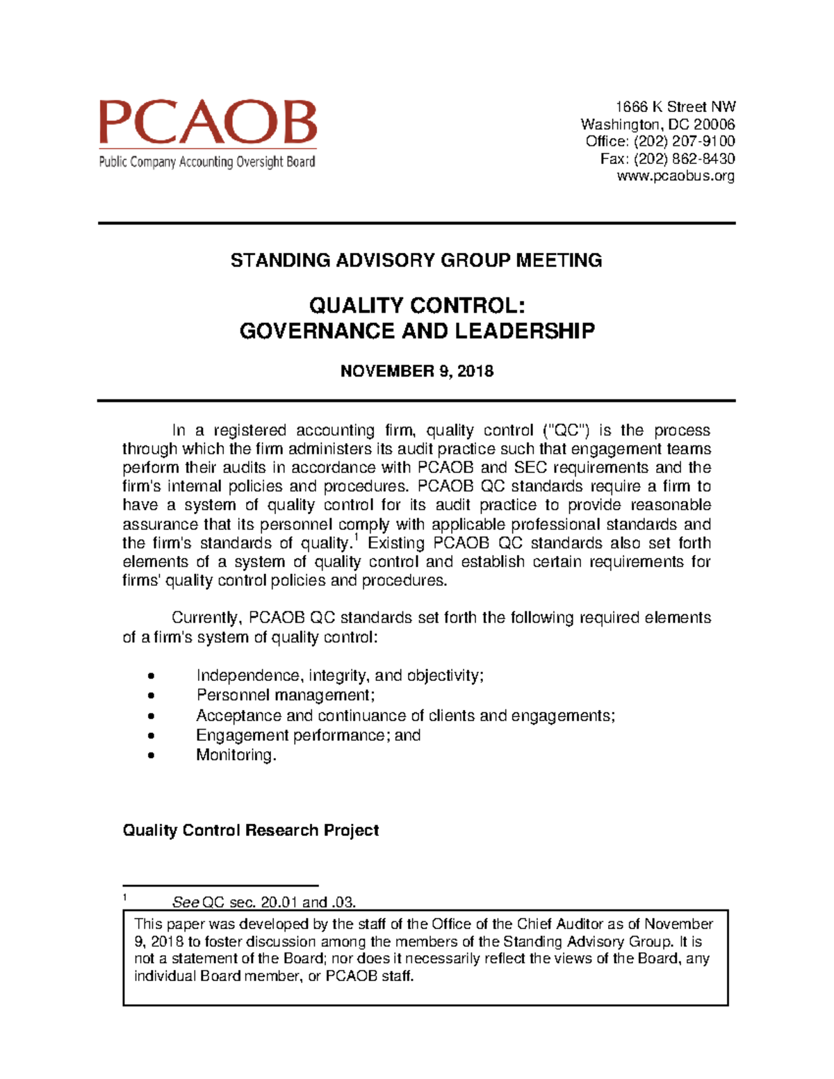 Quality control briefing paper - 1666 K Street NW Washington, DC 20006 ...