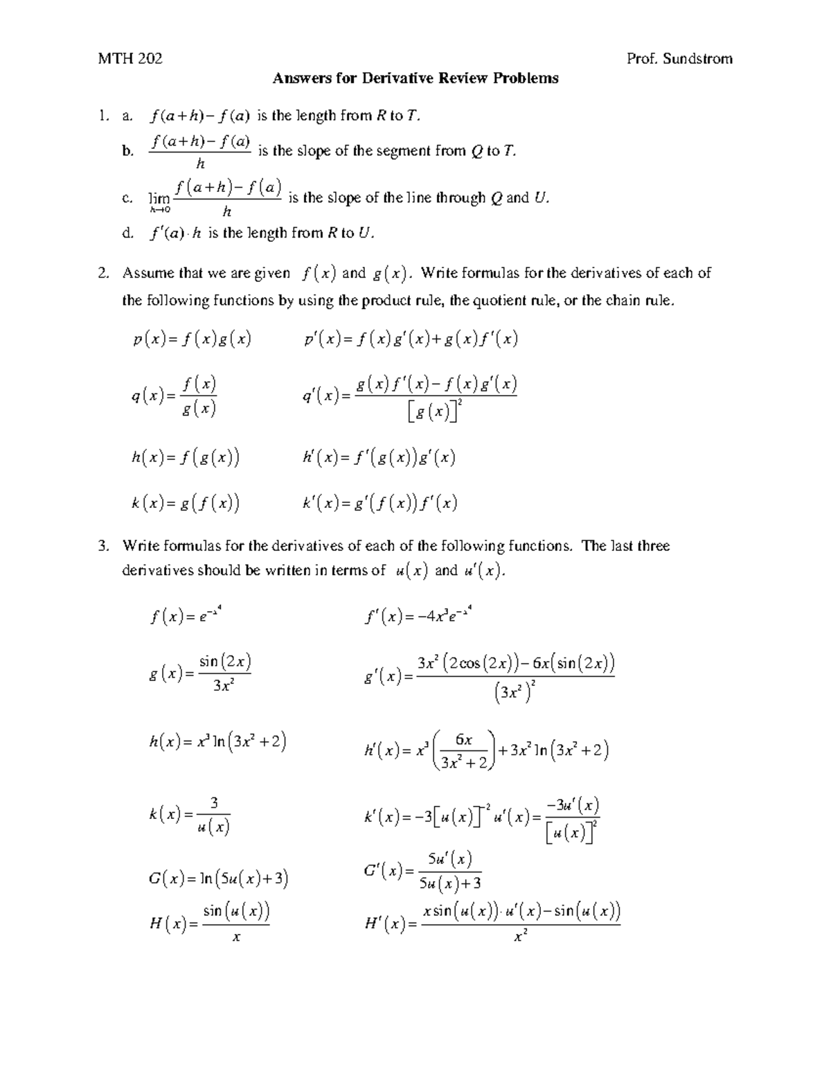 Derivative review answers - MTH 202 Prof. Sundstrom Answers for ...