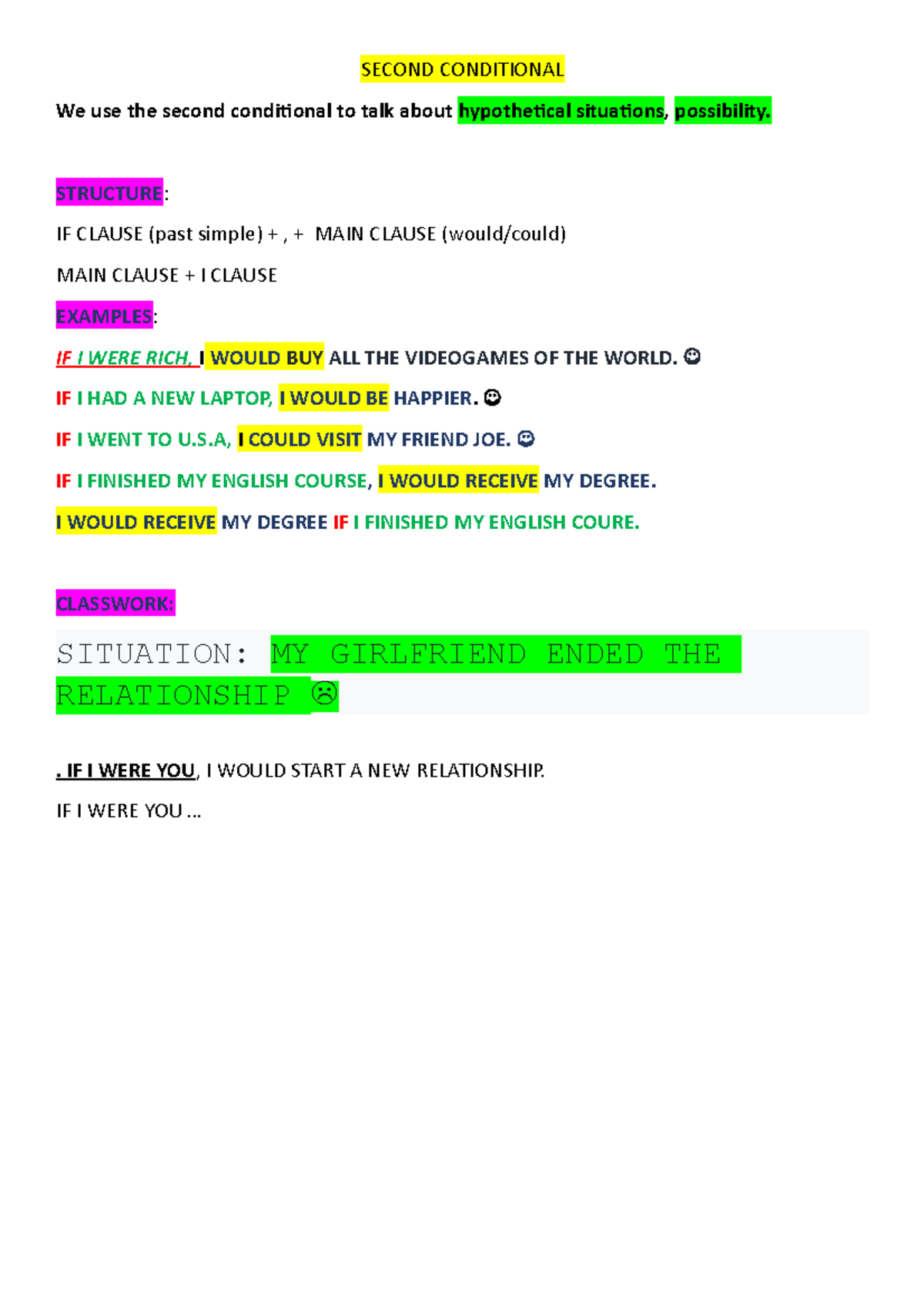 Second Conditional - Basic 06 - SECOND CONDITIONAL We use the second conditional to talk about ...