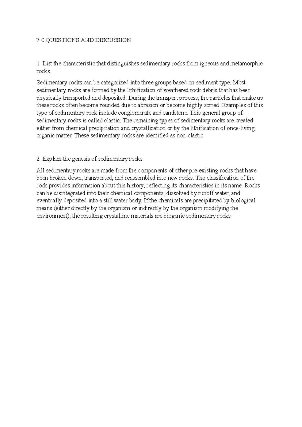 LAB 1C Discussion - SEDIMENTARY ROCKS - 7 QUESTIONS AND DISCUSSION List ...