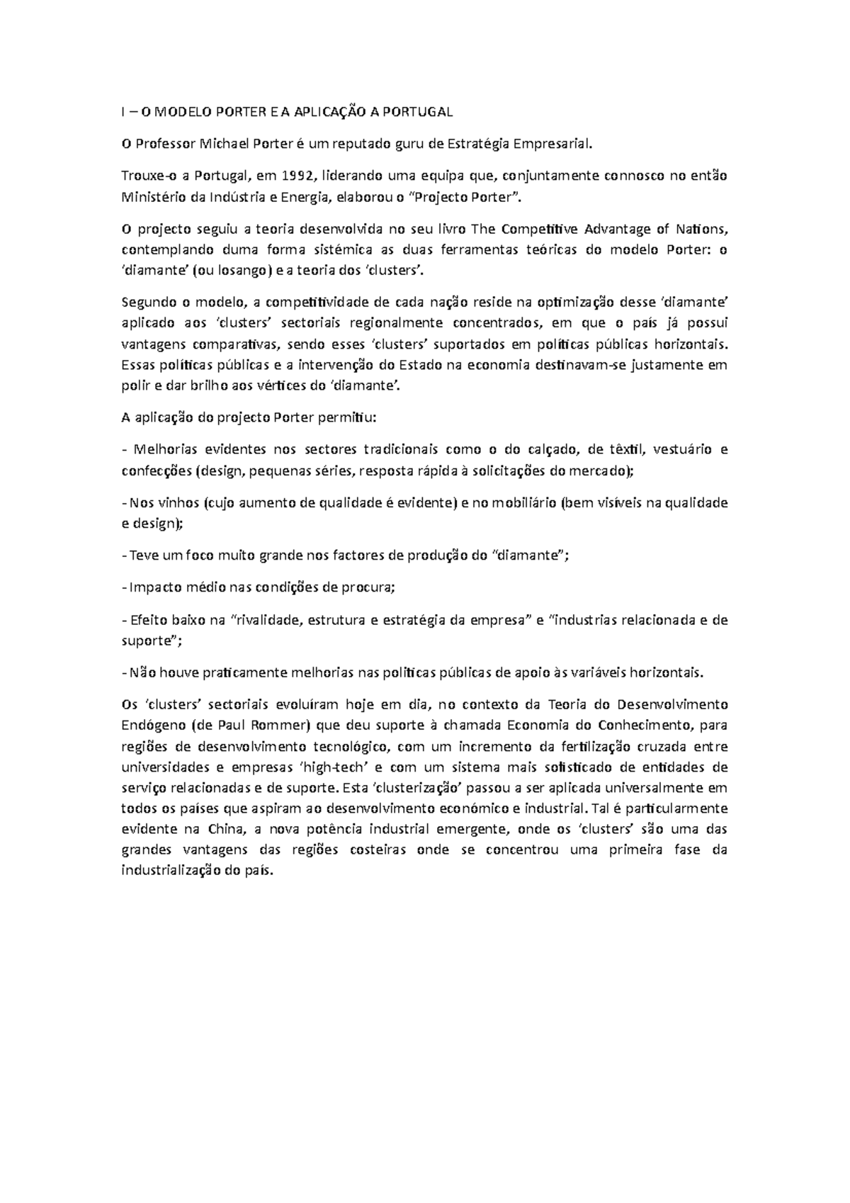 Resumo Porter - I O MODELO PORTER E A APLICAÇÃO A PORTUGAL O Professor ...