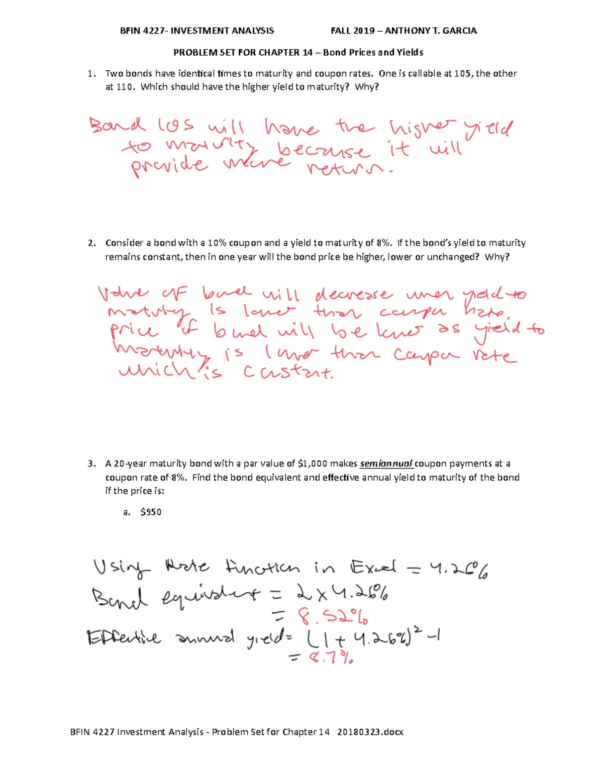 BFIN 4227 Investment Analysis - Problem Set for Chapter 14 2018 0323 ...