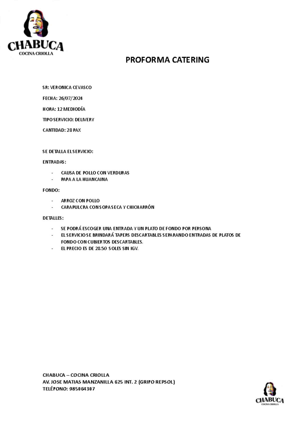 Proforma Veronica Cevasco - CHABUCA – COCINA CRIOLLA AV. JOSE MATIAS ...