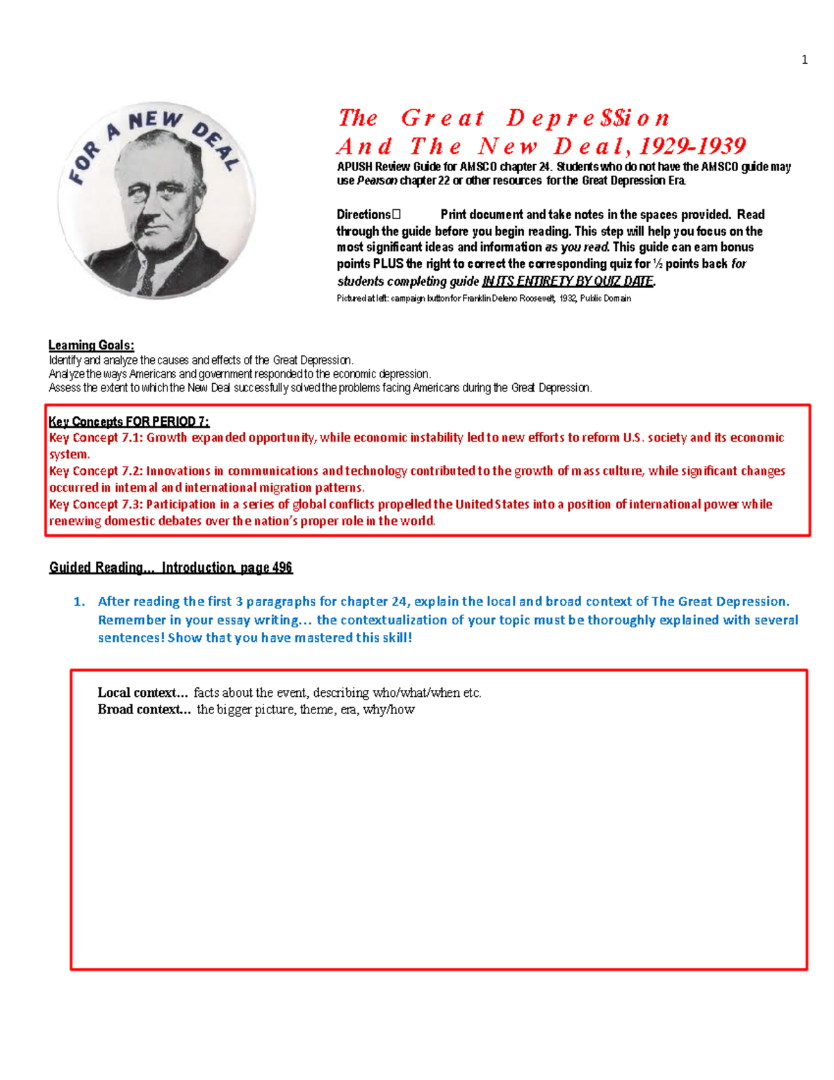 Ch 24 notes and reading guides - The G r e a t D e p r e $$i o n A n d ...