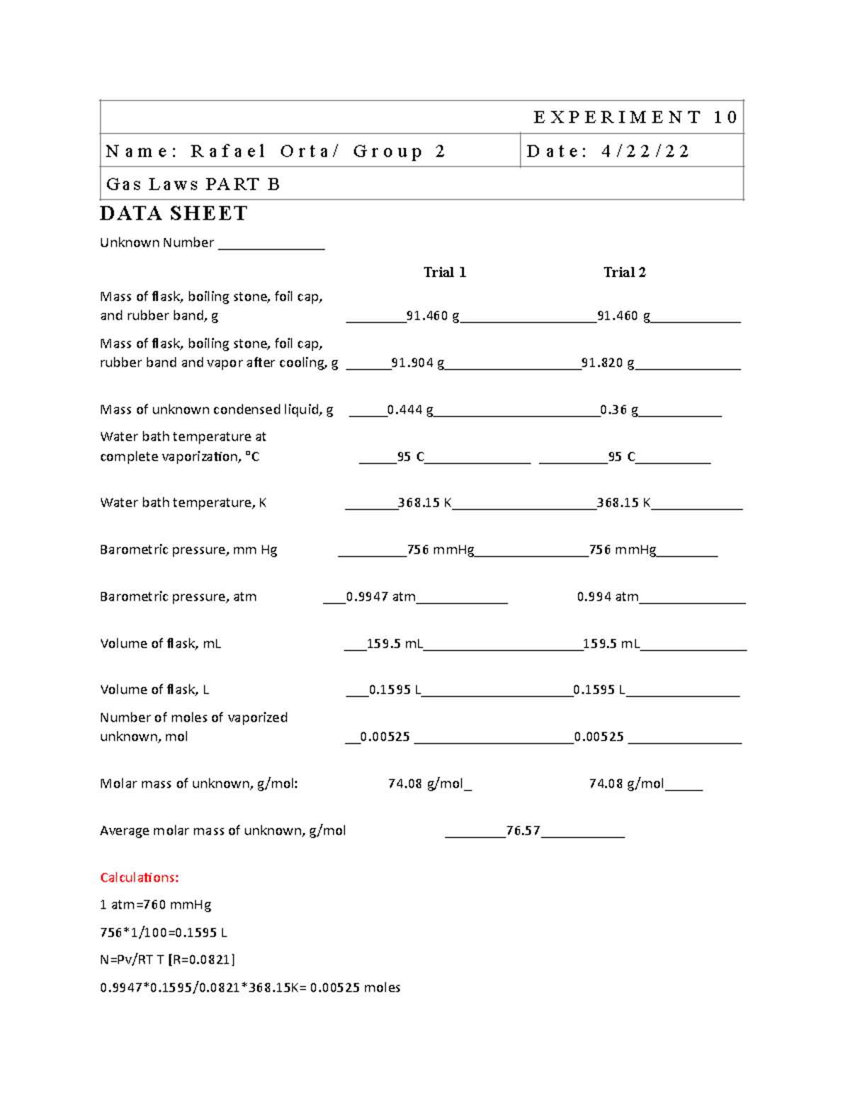 Chem+EXP+10+Part+B+Data+sheet 2 - D ATA S H E E T Unknown Number ...