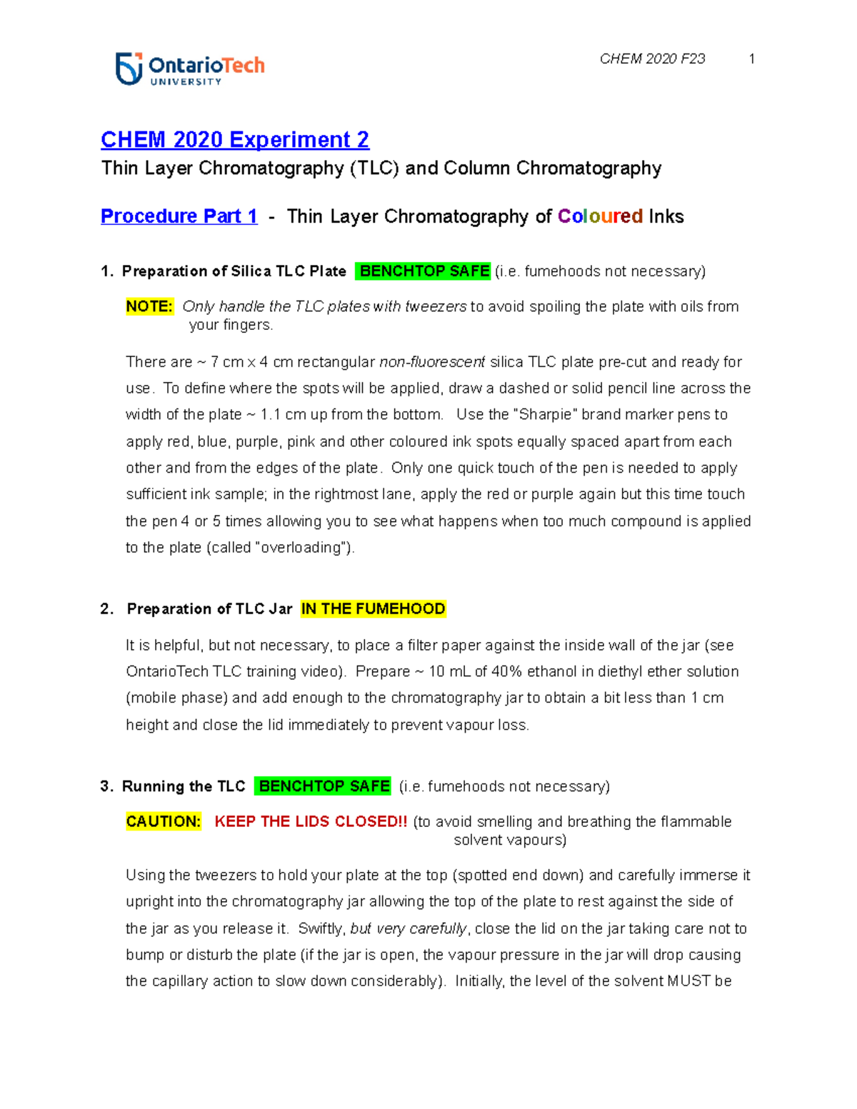 Expt2 TLC and Chromatography (alumina) F23 - CHEM 2020 Experiment 2 ...