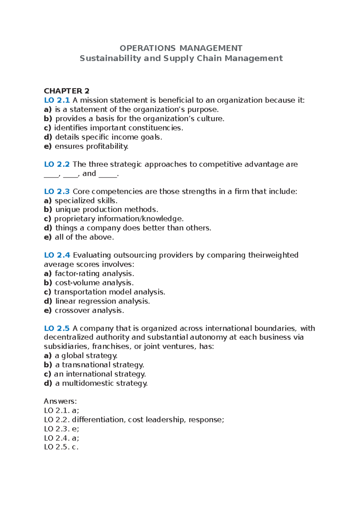 Questions & Answers Chapter 2- Operations Strategy in a Global ...