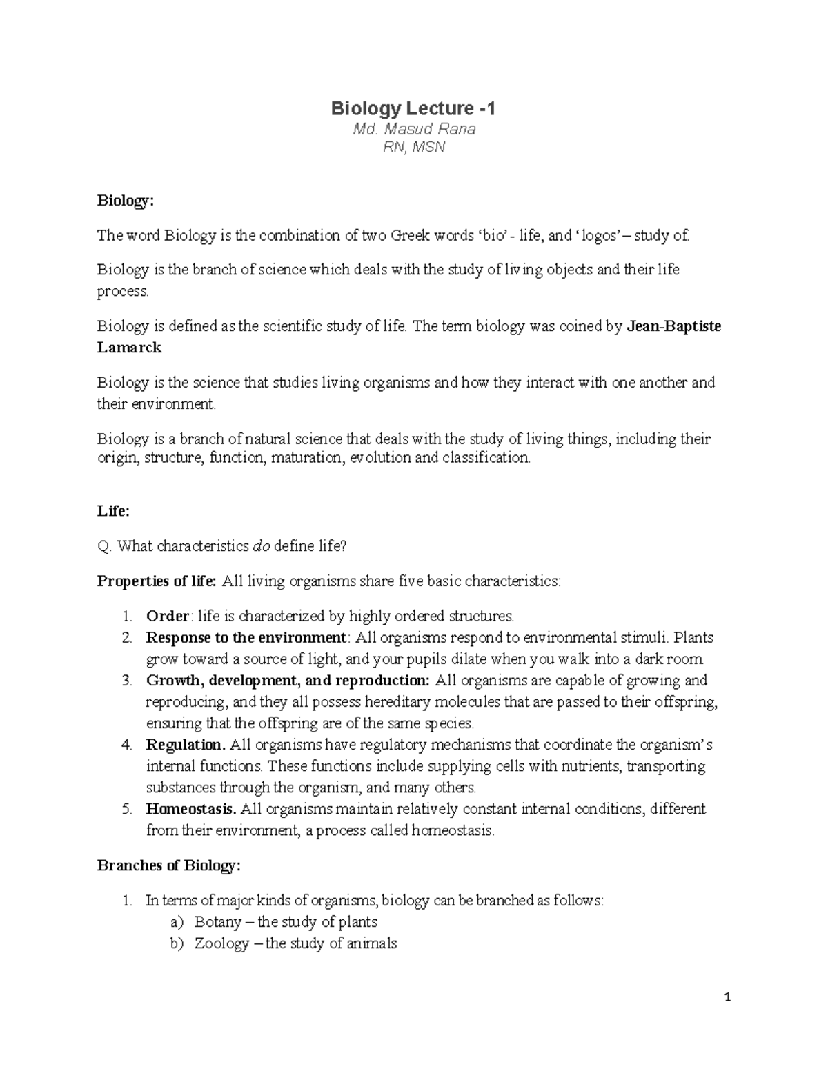 Basic Science - Biology Lecture - Md. Masud Rana RN, MSN Biology: The ...
