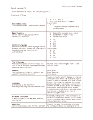 Week 8 lesson plan - edTPA Lesson Plan Template Subject: Language Art ...
