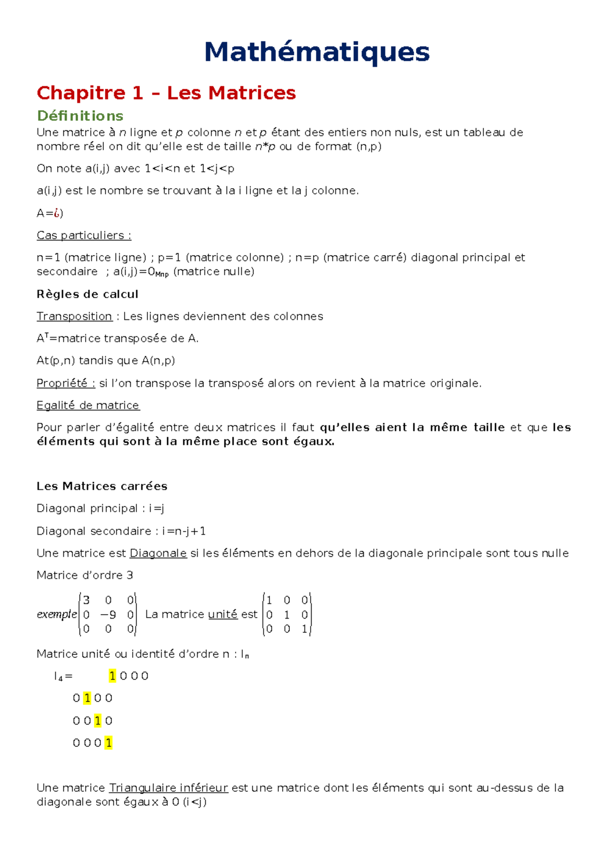 Chapitre 1 S1 L1 - Mathématiques Chapitre 1 – Les Matrices Définitions Une matrice à n ligne et ...