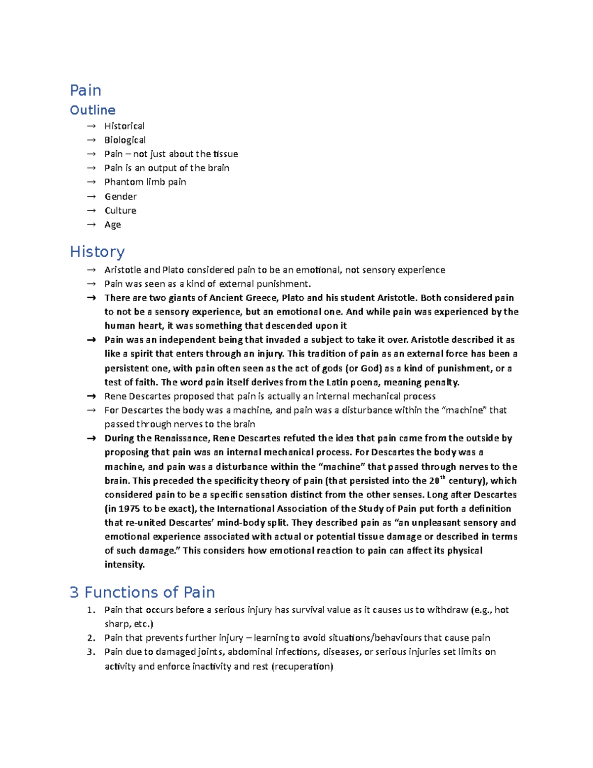 Pain - Lecture notes from the powerpoint - Pain Outline Historical ...