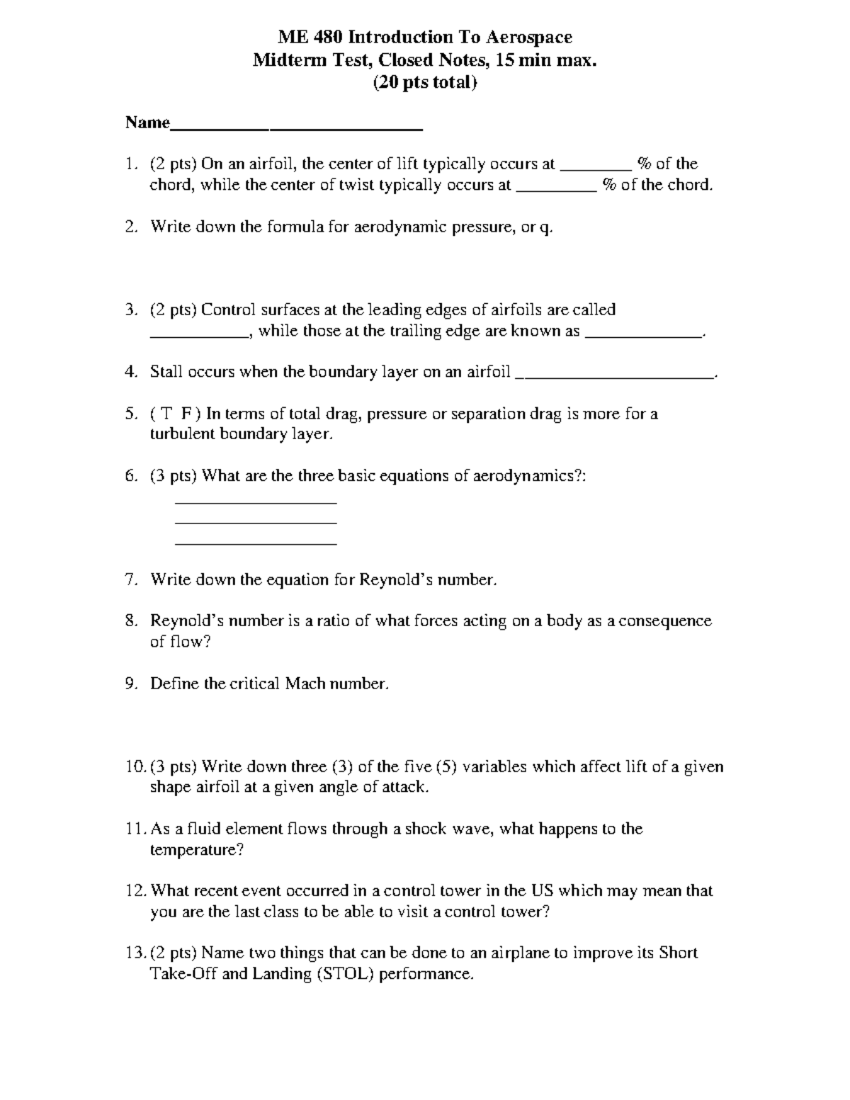 Intro to Aerospace Practice Test 1 - Midterm Test, Closed Notes, 15 min ...