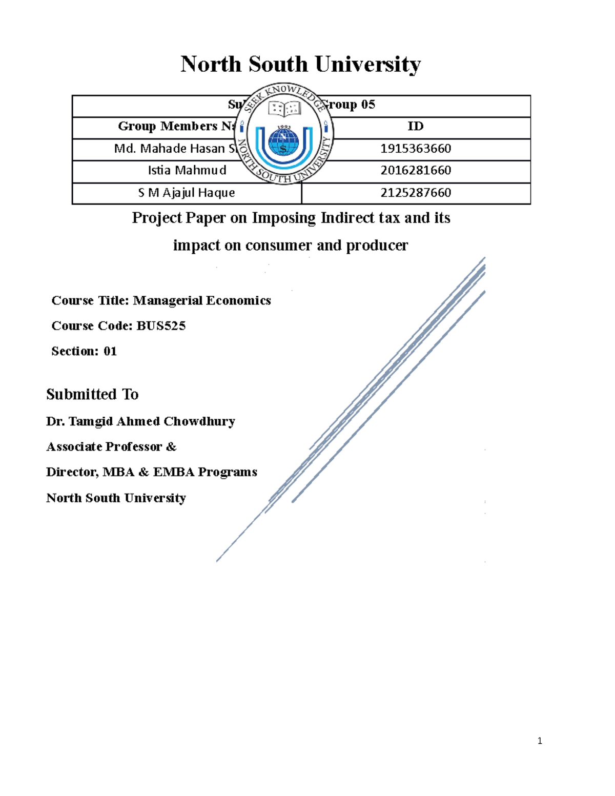 Project Paper for economics - Submitted By: Group 05 Group Members Name ...