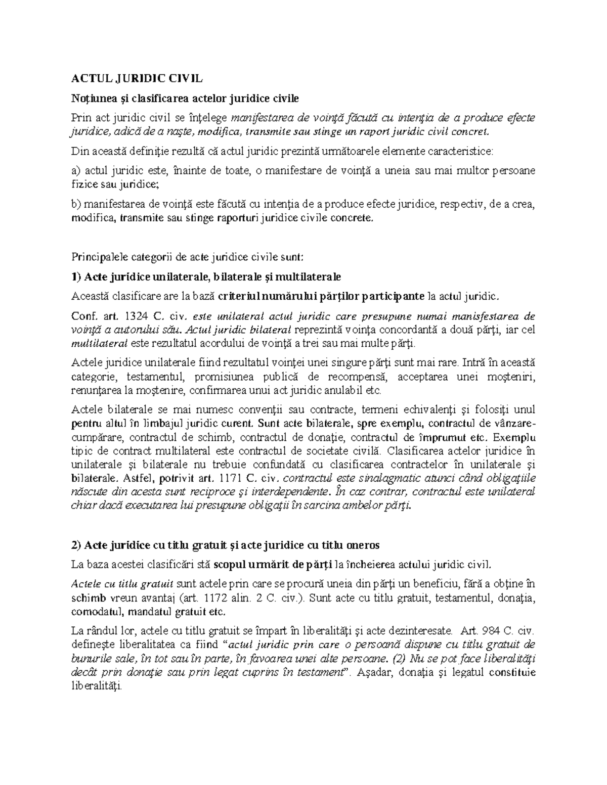 Curs 2 Clasificarea act juridic - ACTUL JURIDIC CIVIL Noţiunea şi clasificarea actelor juridice ...