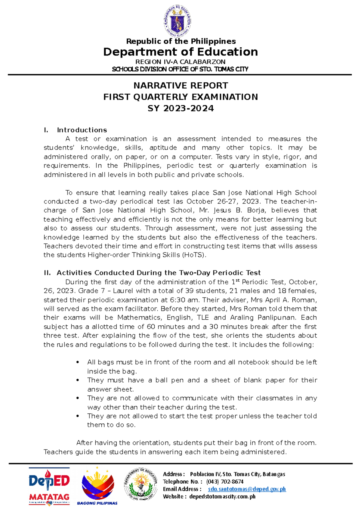 Narrative Report - Republic of the Philippines Department of Education ...