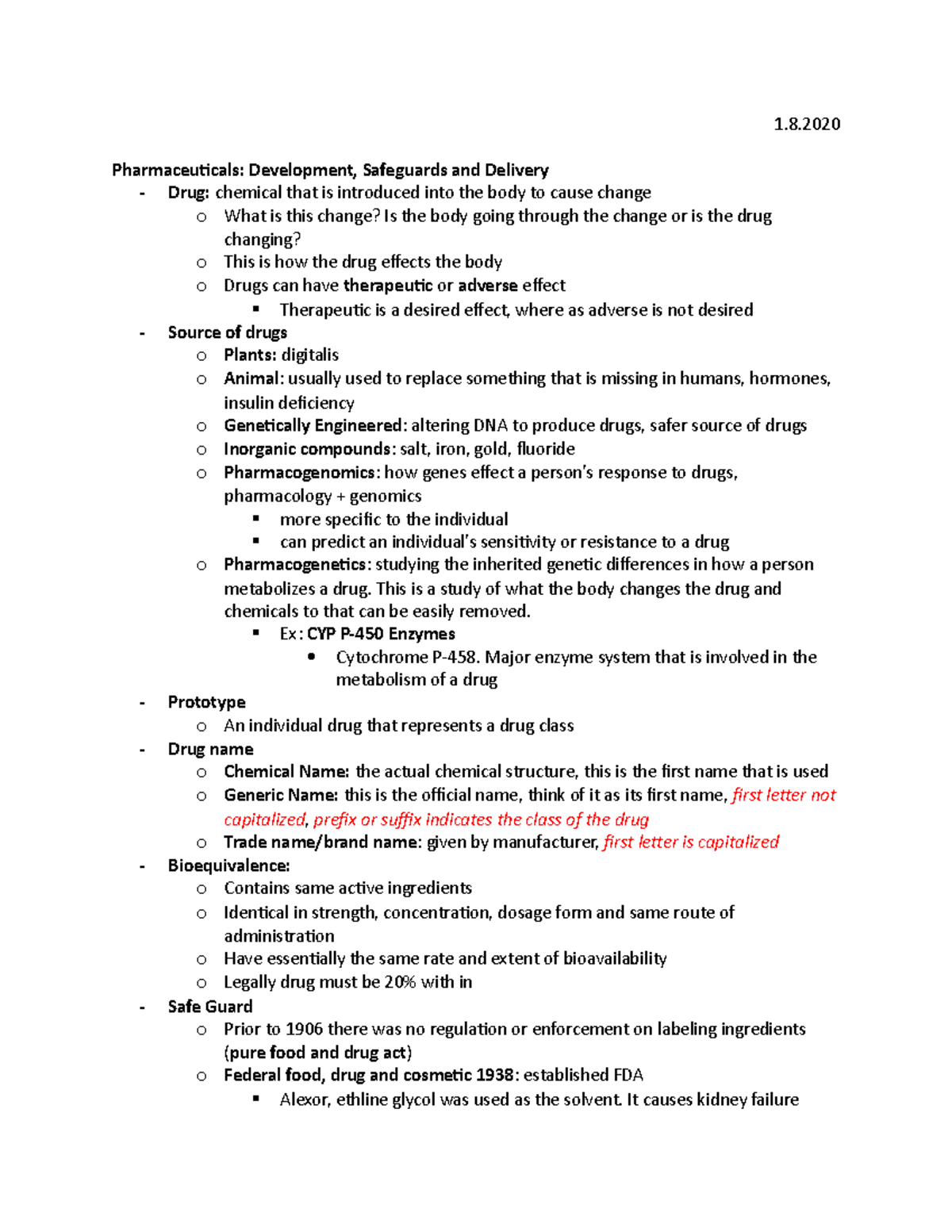 Pharm Notes - Exam 1 - 1. Pharmaceuticals: Development, Safeguards and ...