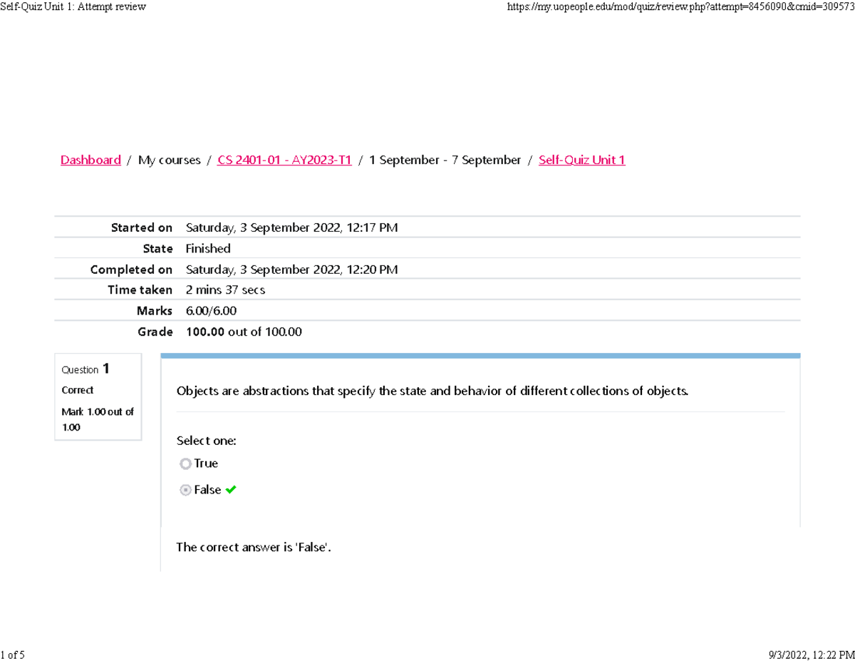 Self Quiz Unit 1 Attempt Review 2 Question 1 Correct Mark 1 Out Of 1 Started On Saturday 3