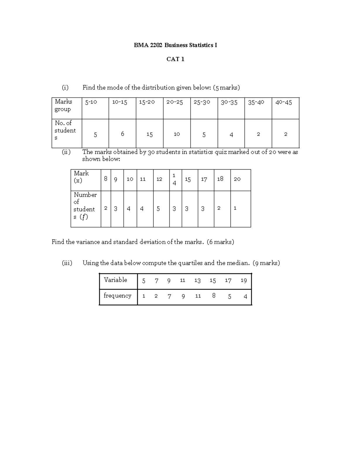 Doc75 - CAT - BMA 2202 Business Statistics I CAT 1 (i) Find the mode of ...