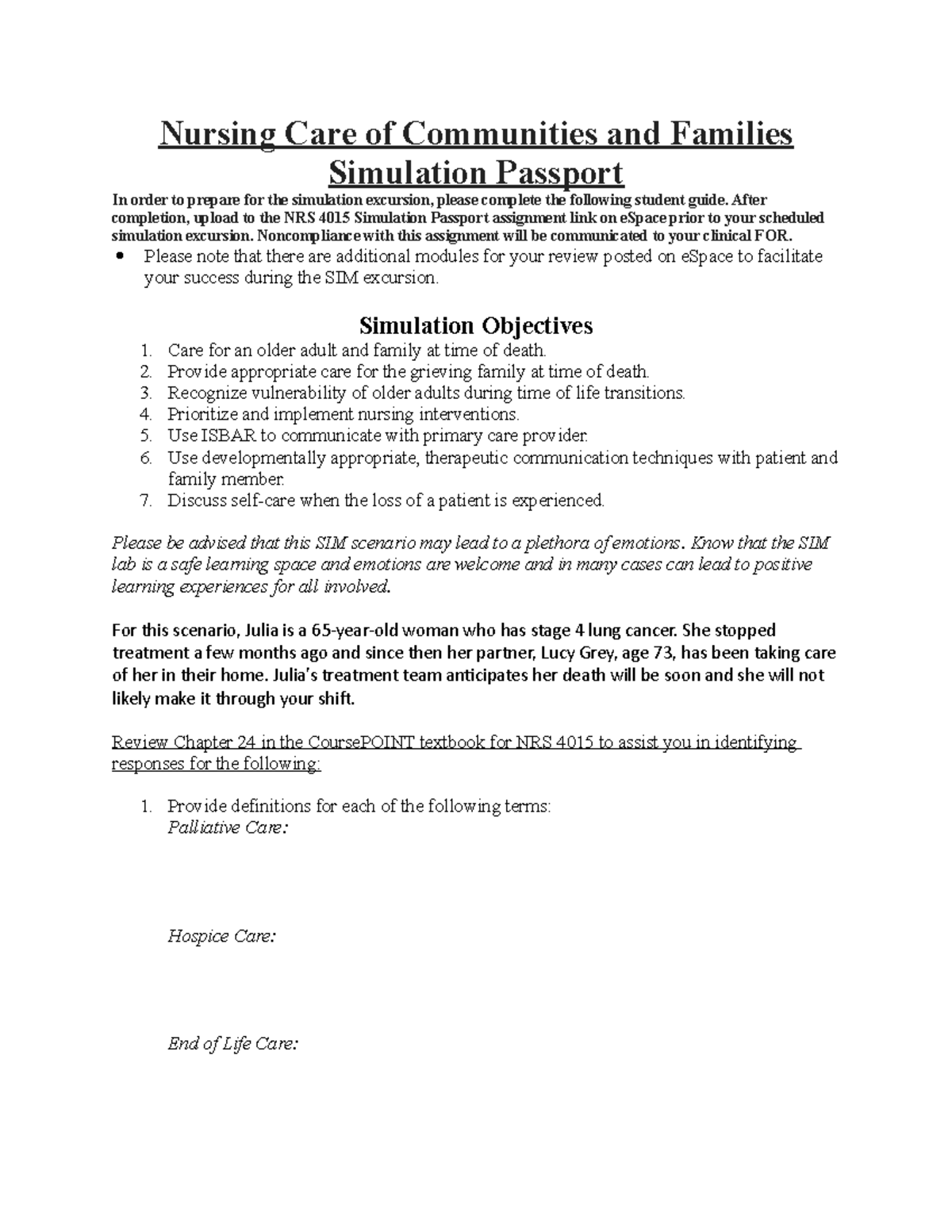 NRS 4015 Passport for safety experience - Nursing Care of Communities ...