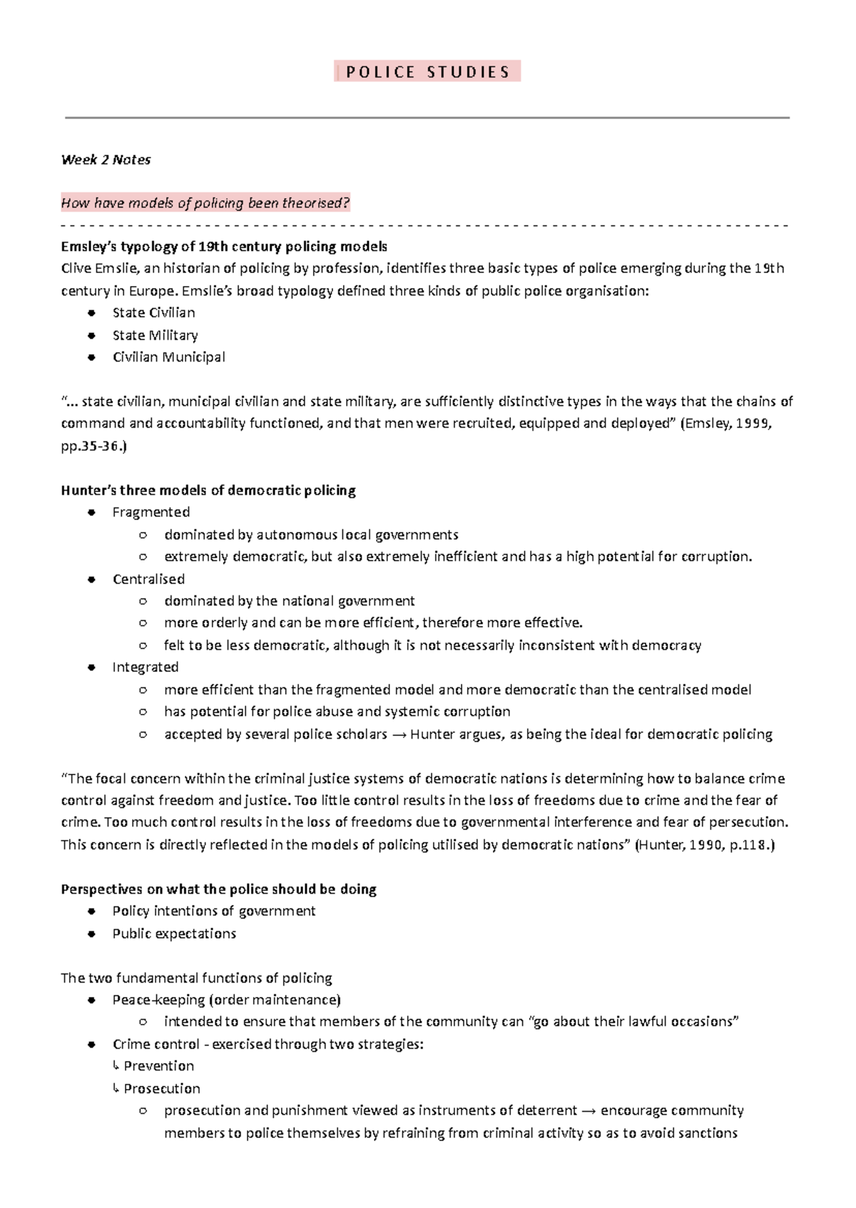 Week 2 Notes - Week 2 - How have models of policing been theorised ...