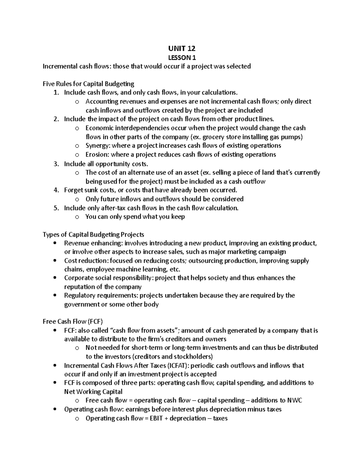 Unit 12 - Lecture notes 12 - UNIT 12 LESSON 1 Incremental cash flows ...