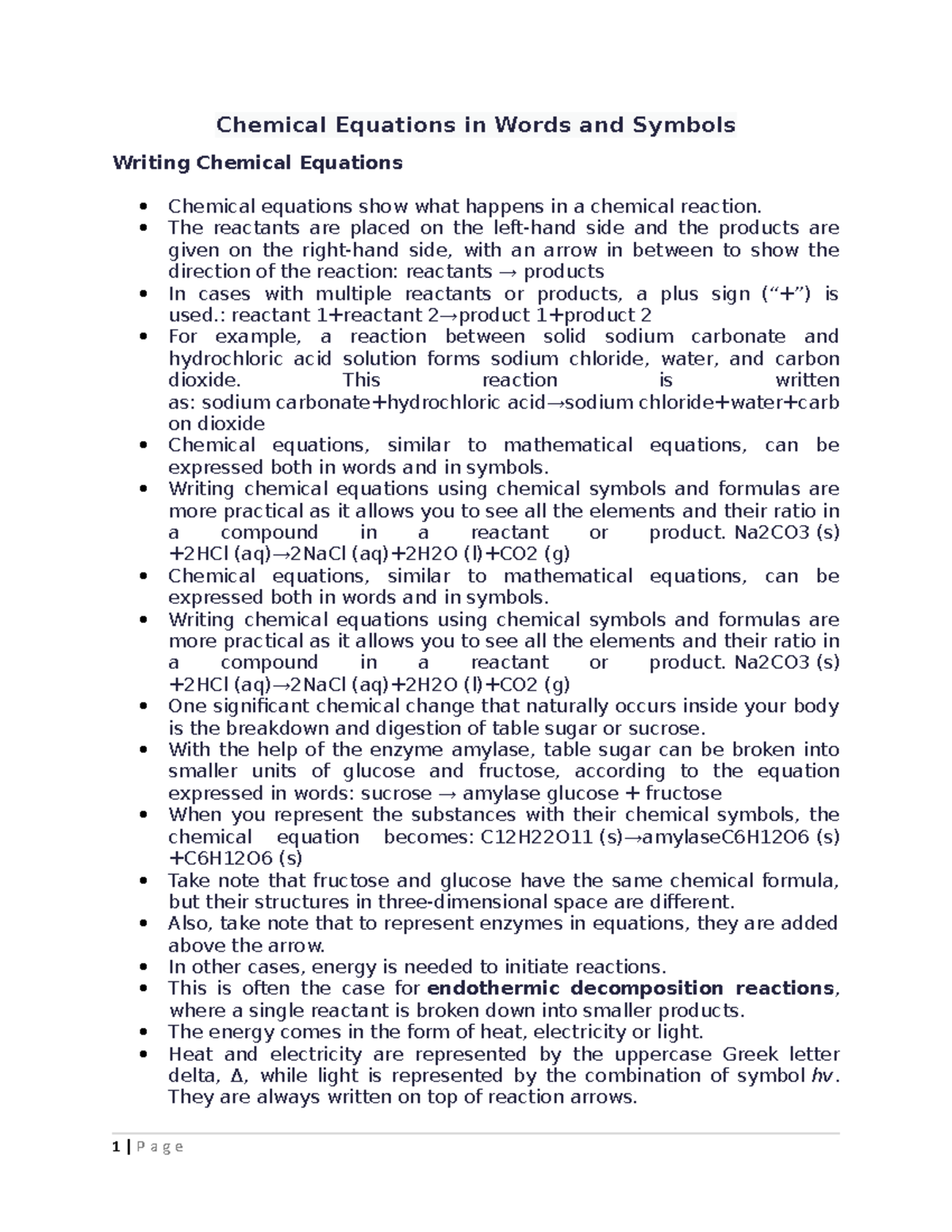 Chemical Equations in Words and Symbols - The reactants are placed on ...