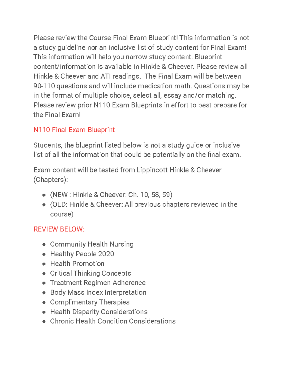 Medsurg 1 Final Blueprint - Please review the Course Final Exam ...