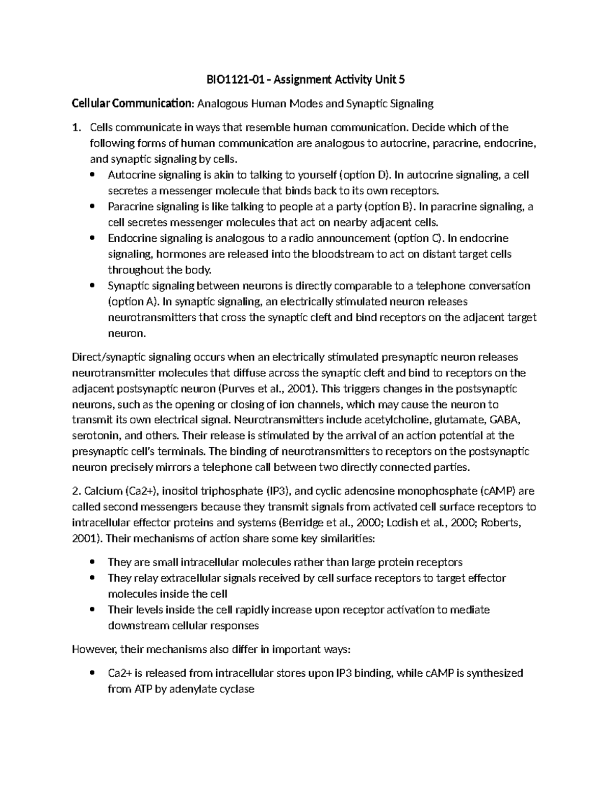 Bio 1121 Written Assignment 5 Bio1121 01 Assignment Activity Unit 5 Cellular Communication
