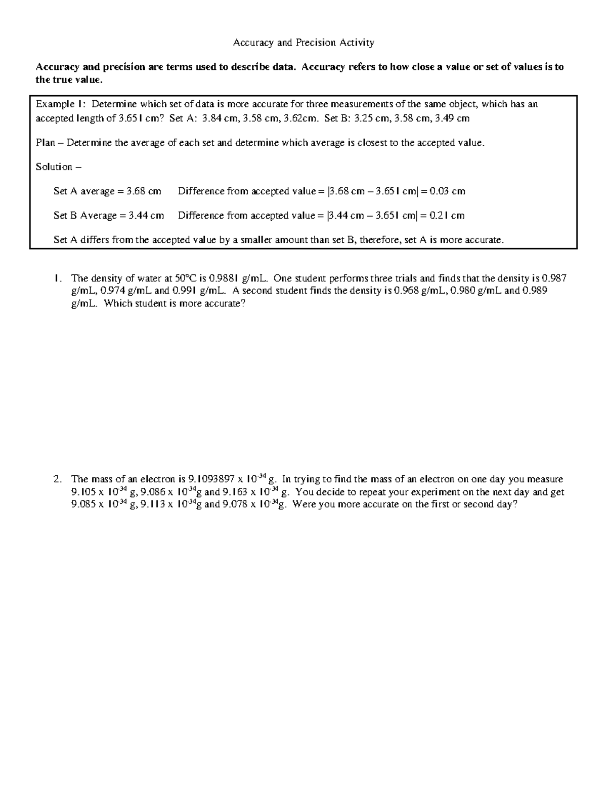 1.b accuracy and precision - Accuracy and Precision Activity Accuracy and precision are terms ...