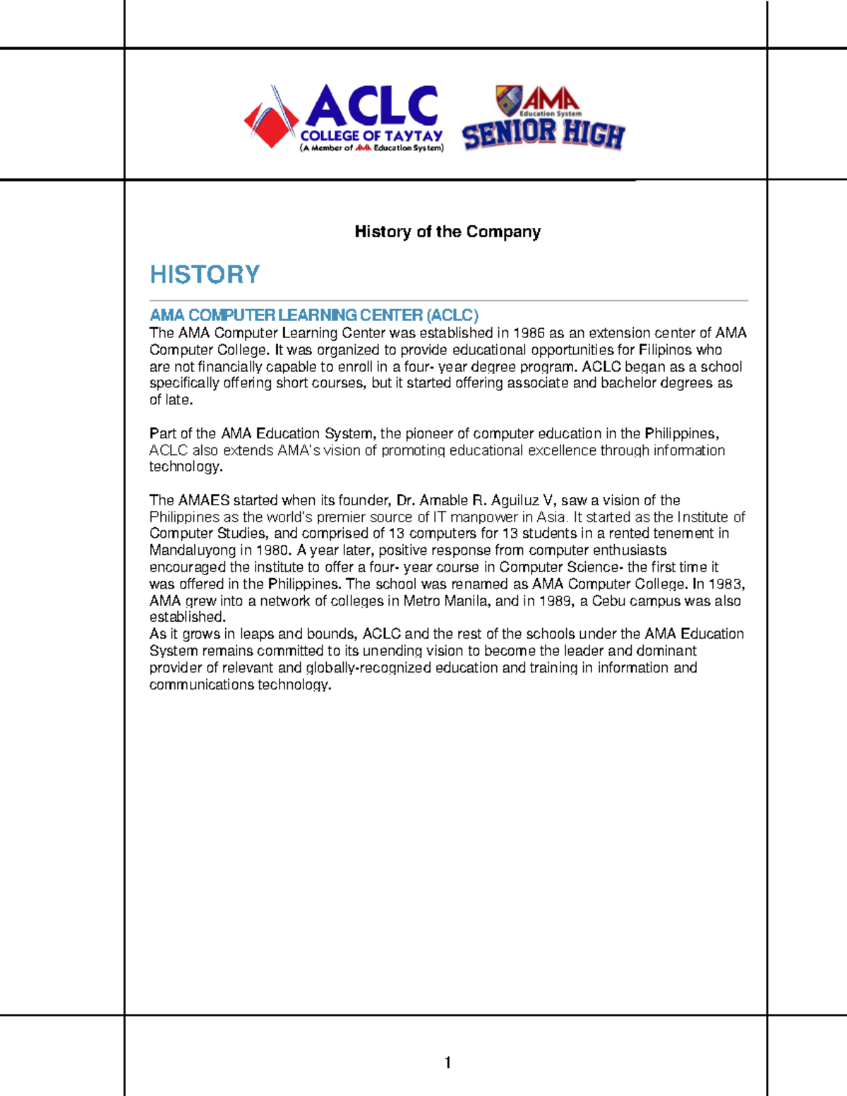 Work-Immersion-1- Sudario - History of the Company HISTORY AMA COMPUTER ...