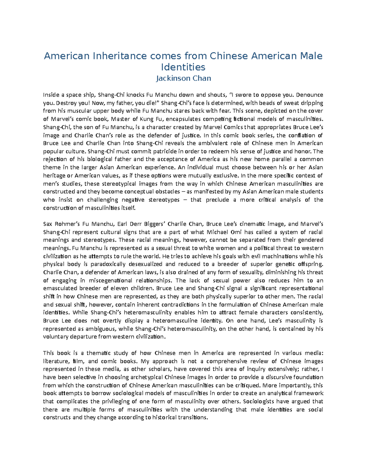 American Inheritance comes from Chinese American Male Identities ...