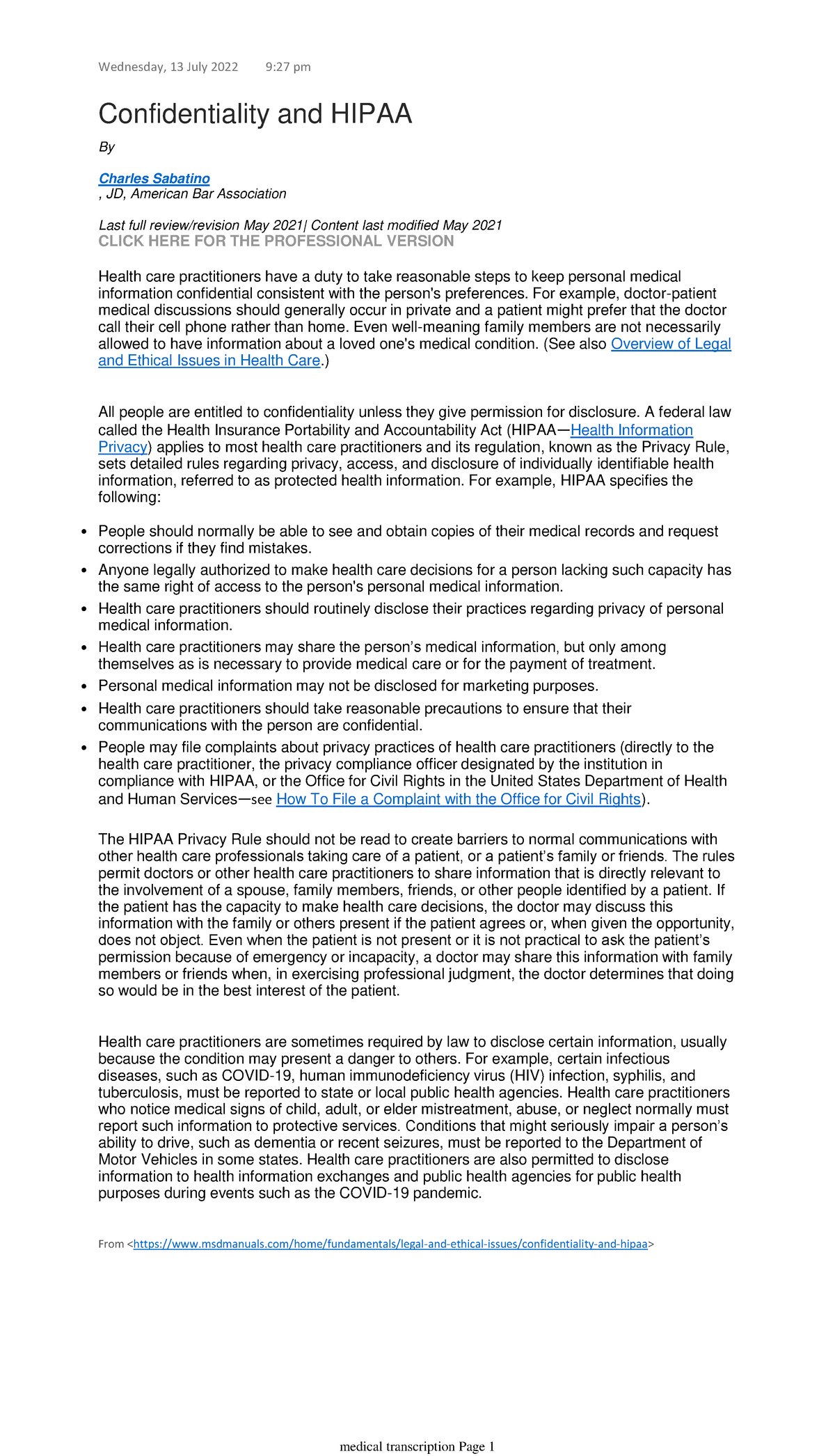 Confidentiality and Hipaa - Confidentiality and HIPAA By Charles ...