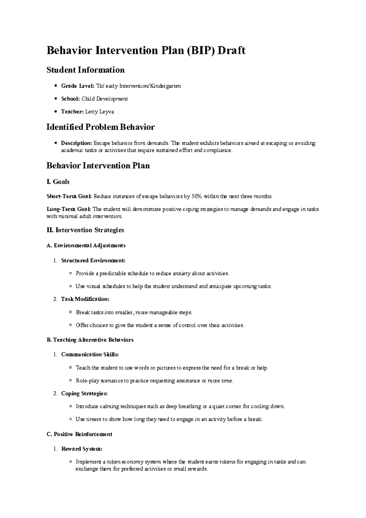 Behavior Intervention Plan (BIP) Draft - The student exhibits behaviors ...