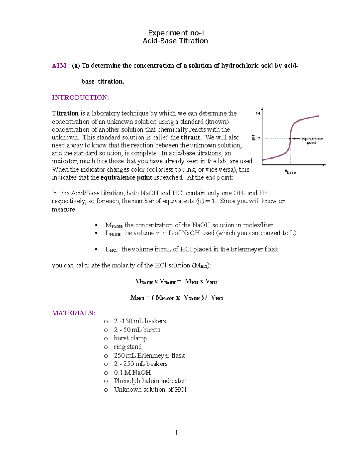 Acid -base titration - Chemistry engineering - KFU - Studocu