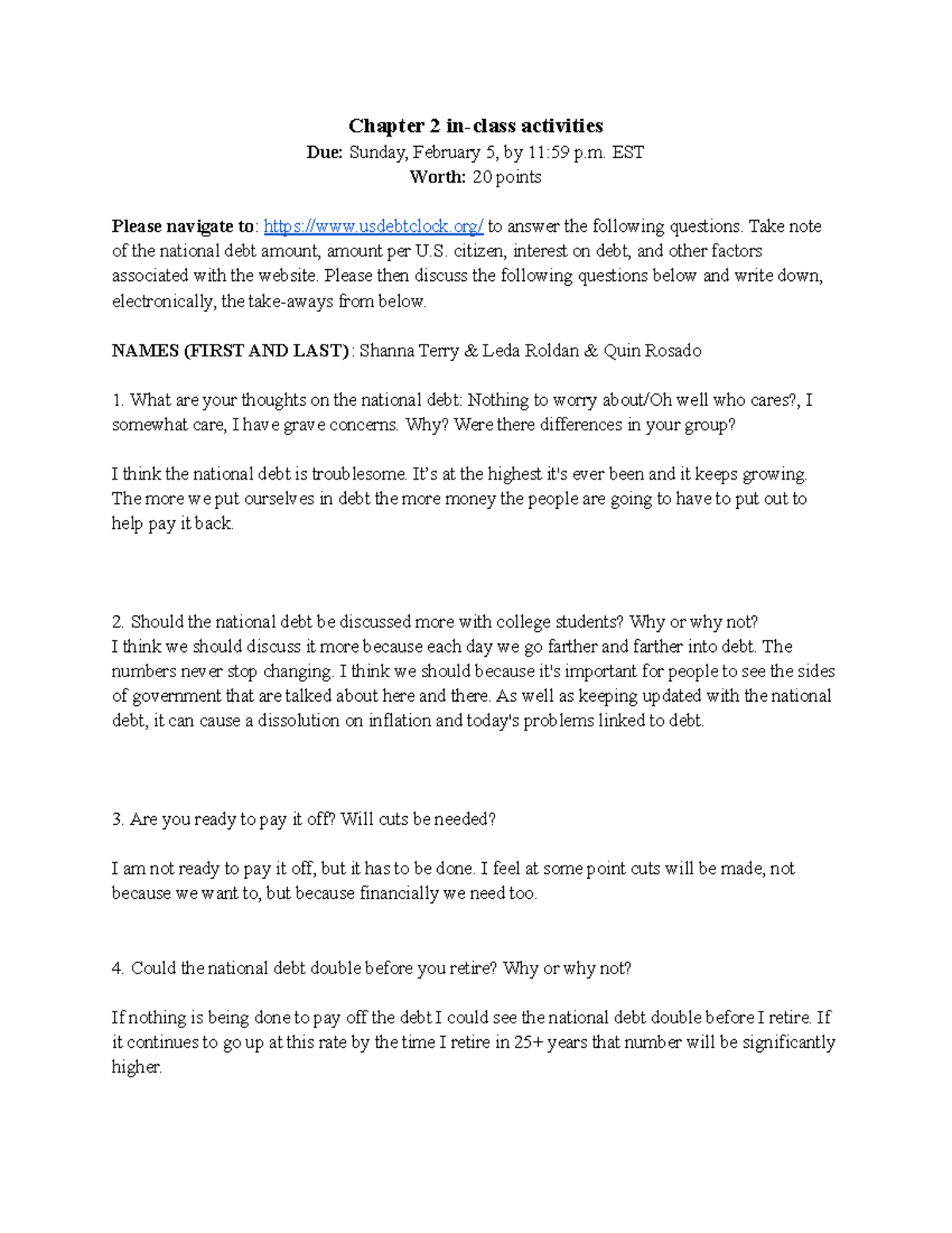 Chapter 2 in-class activities - Chapter 2 in-class activities Due ...