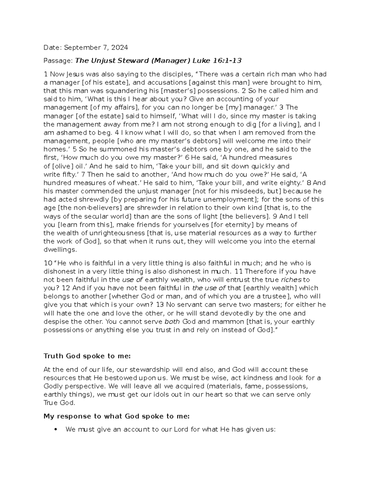 Devotion - Parable of the Shrewd Manager - Date: September 7, 2024 ...