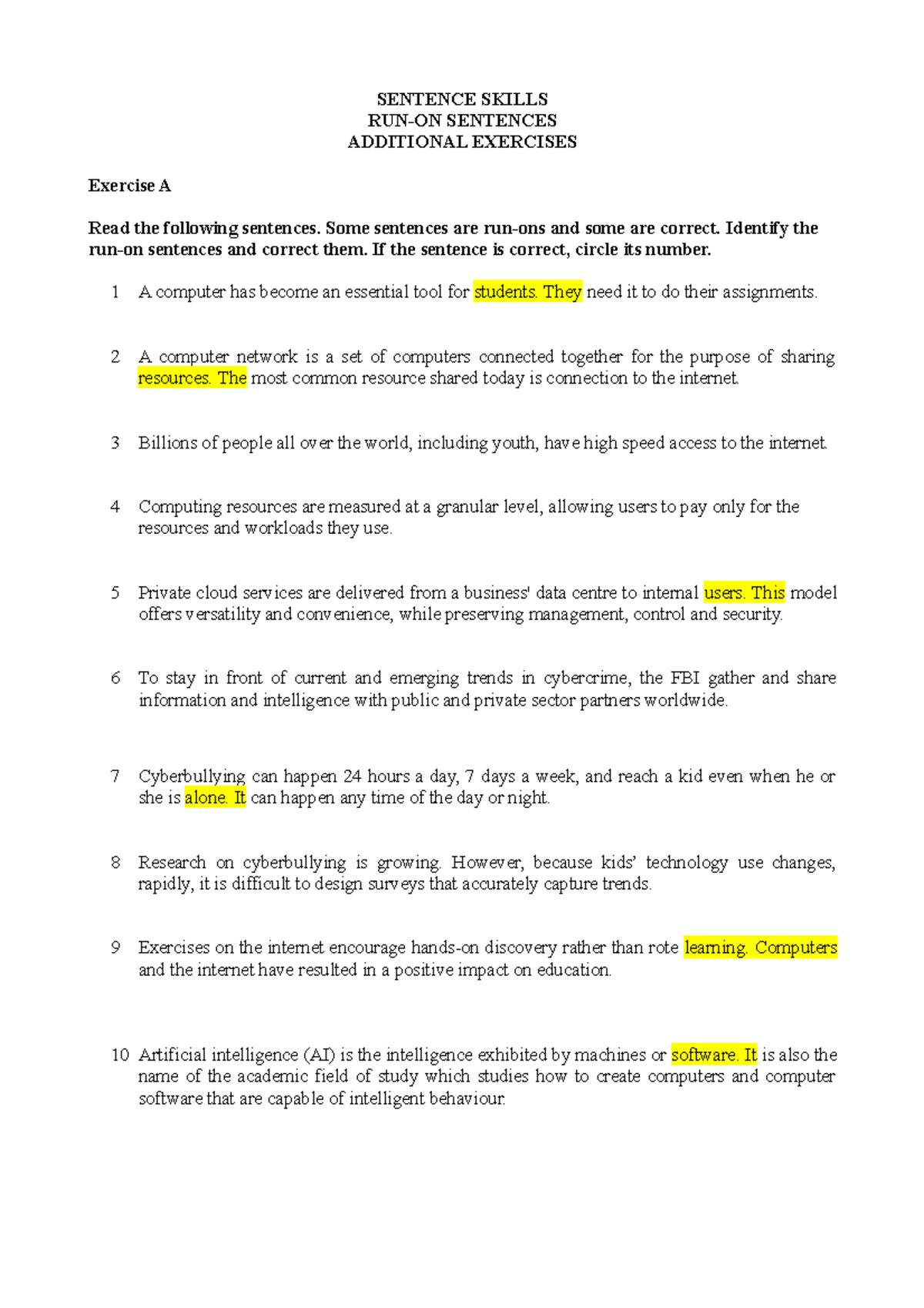 RUN ON Sentences Answers 01 - SENTENCE SKILLS RUN-ON SENTENCES ...