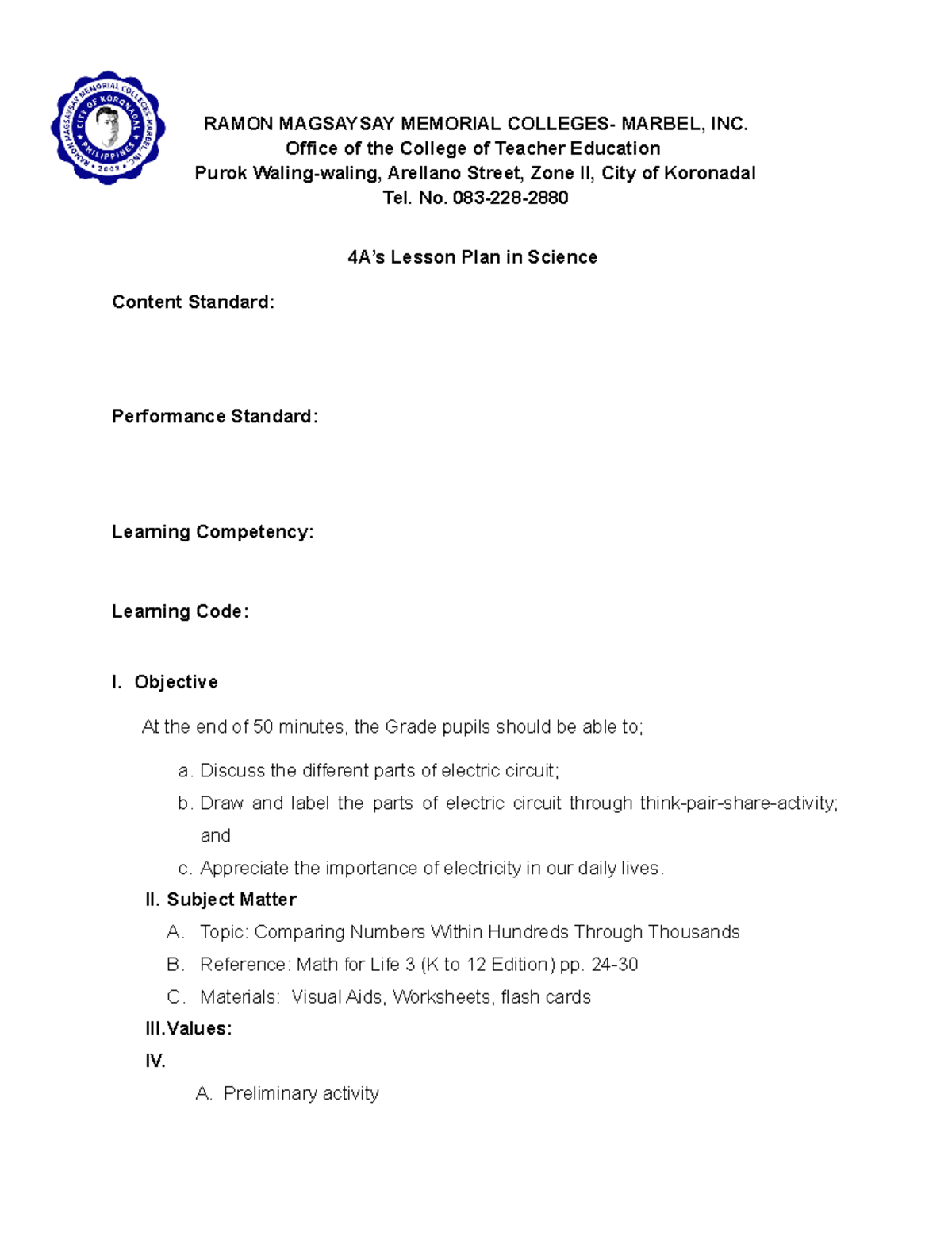 Comparing Numbers Within Hundreds Through Thousands - RAMON MAGSAYSAY ...