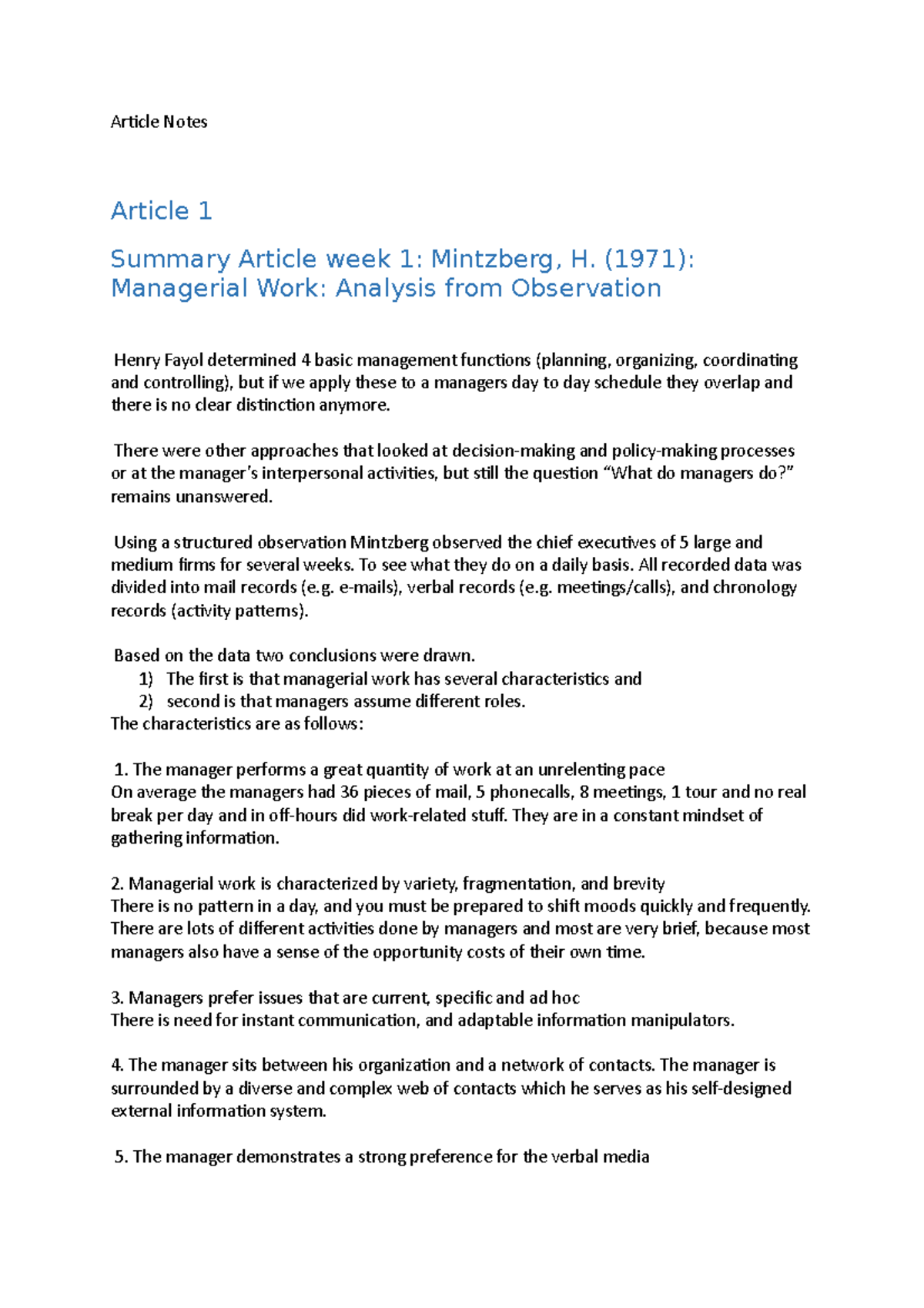 OM Article 1 Notes - Summary Organization and Management - Article ...