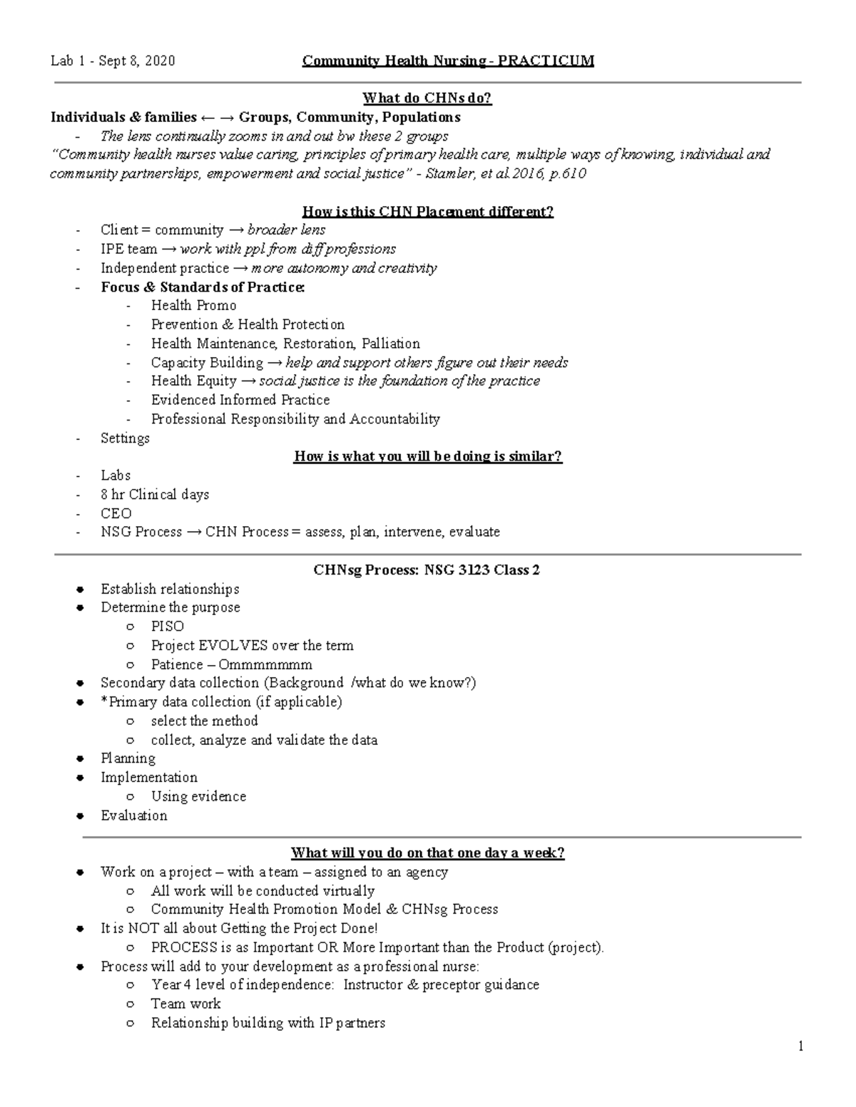 NSG3323 Community- Lab1 - Lab 1 - Sept 8, 2020 Community Health Nursing ...