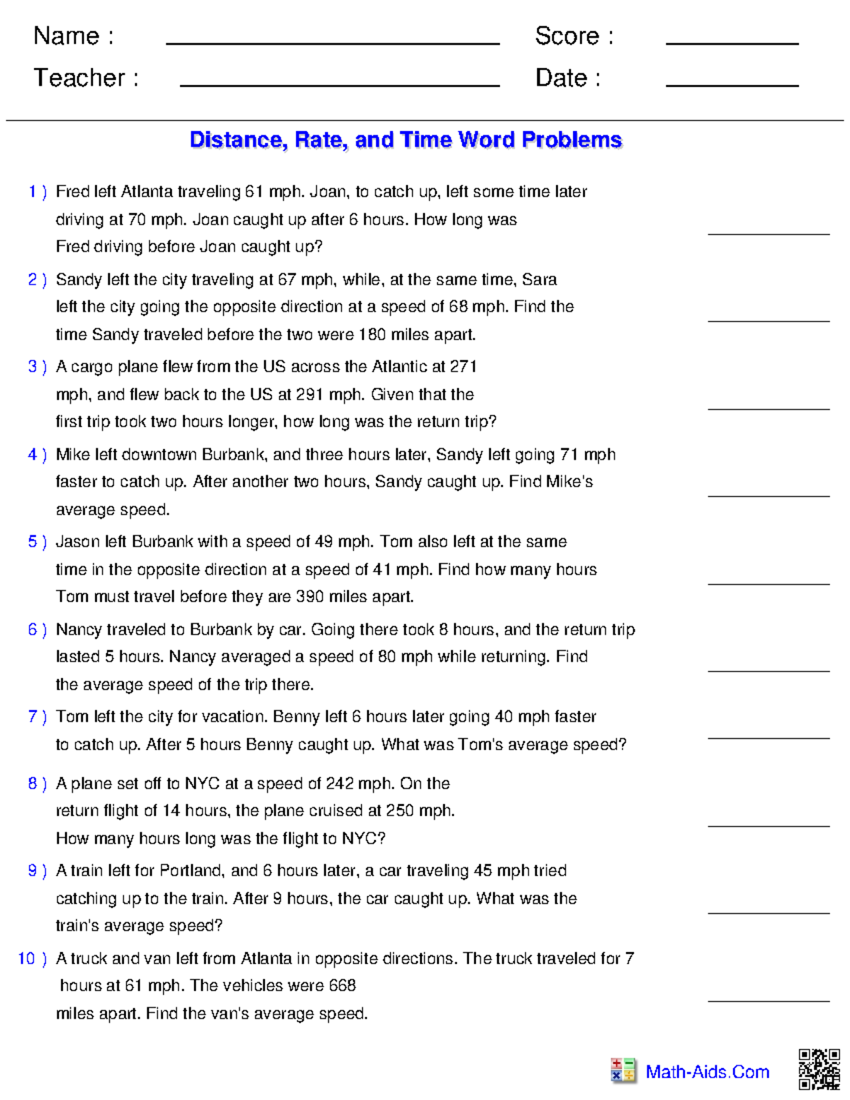 Motion Problems 1 ZSb Name Teacher Date Score Math Aids
